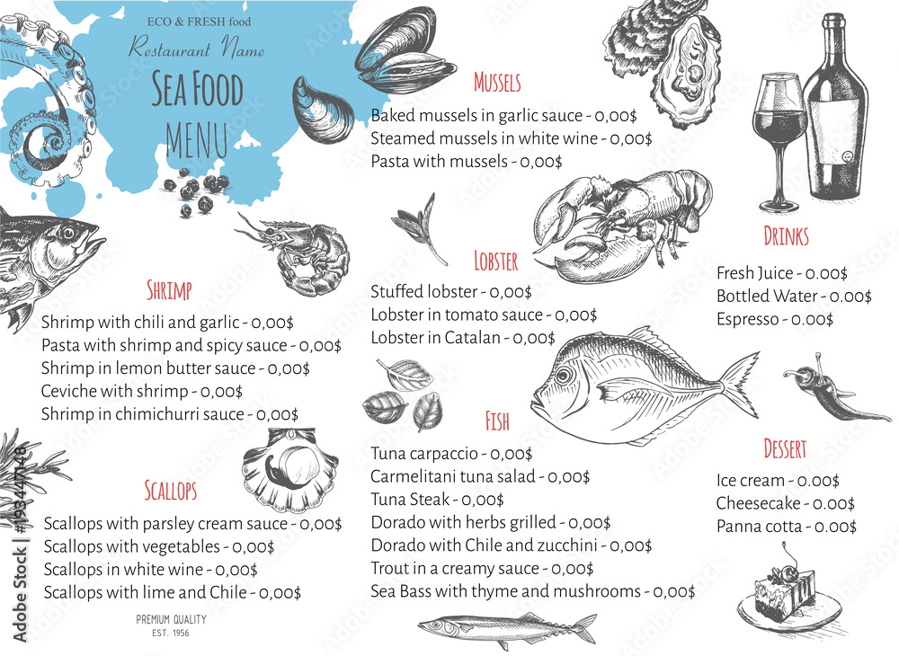 Vector illustration sketch - seafood. Card Menu restaurant. vintage ...
