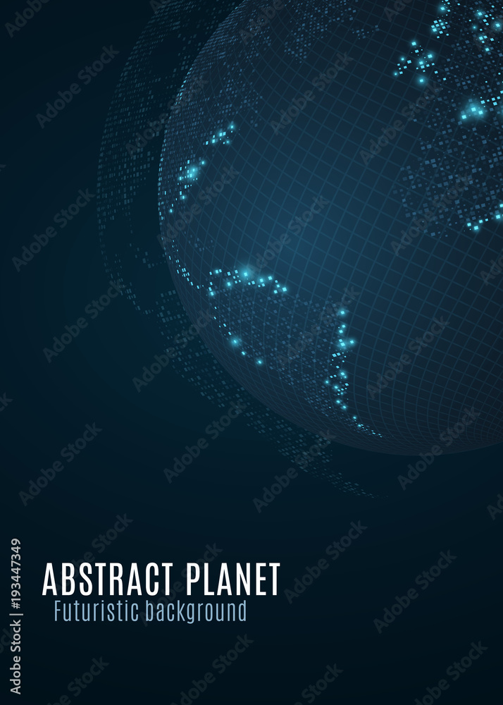 Abstract planet earth. Blue glowing map of small dots. Dark futuristic ...