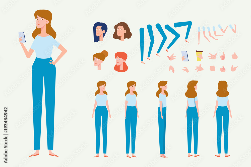 Young girl for animation. Front, side, back, 3/4 view. Separate parts ...
