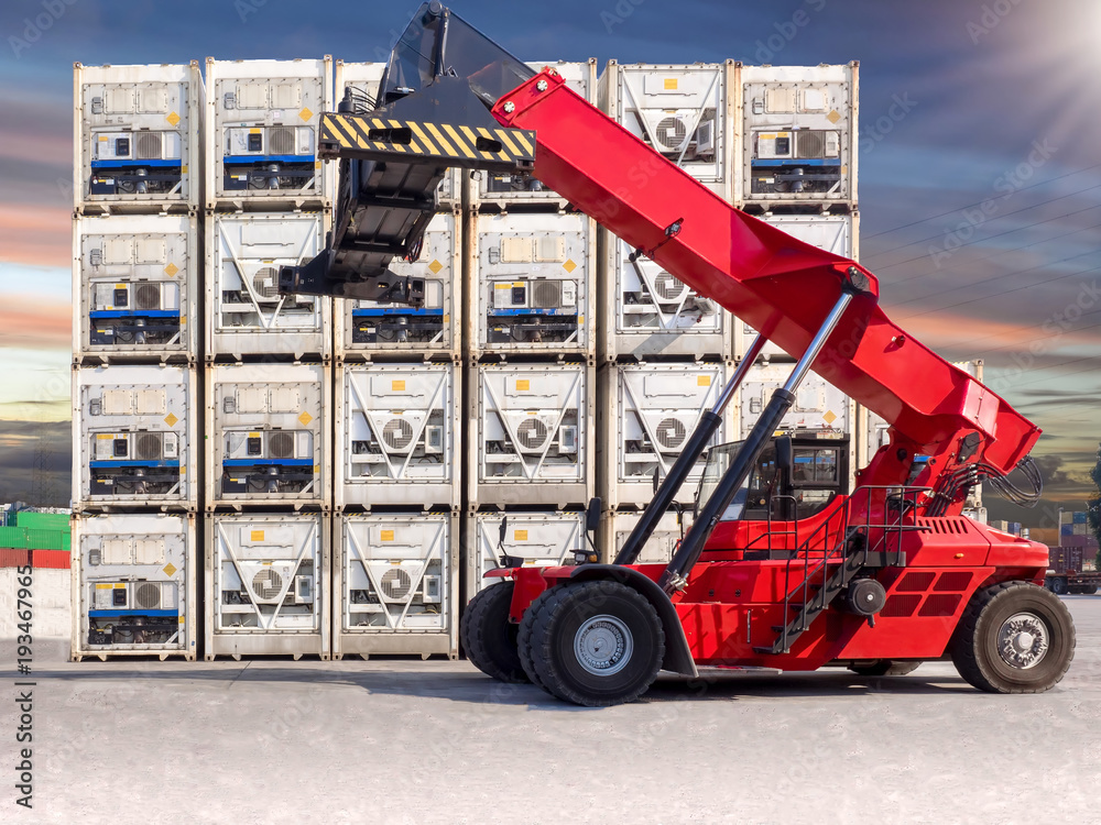 Reachstacker standby for pick up the reefer container at container yard ...