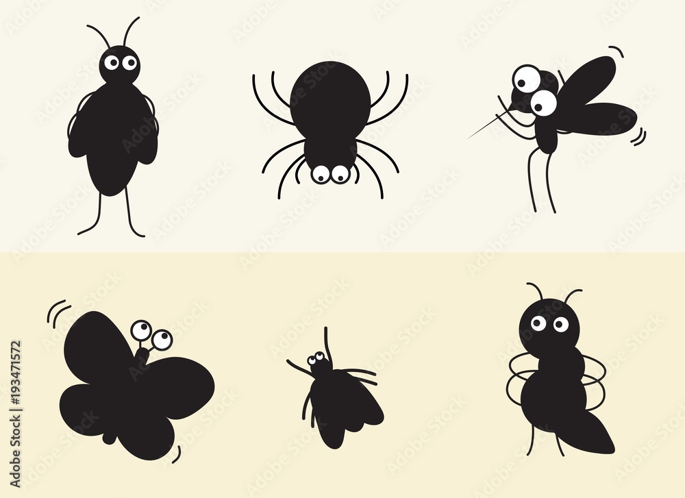 Various insects such as spider, mosquito, ant vector silhouette, black ...