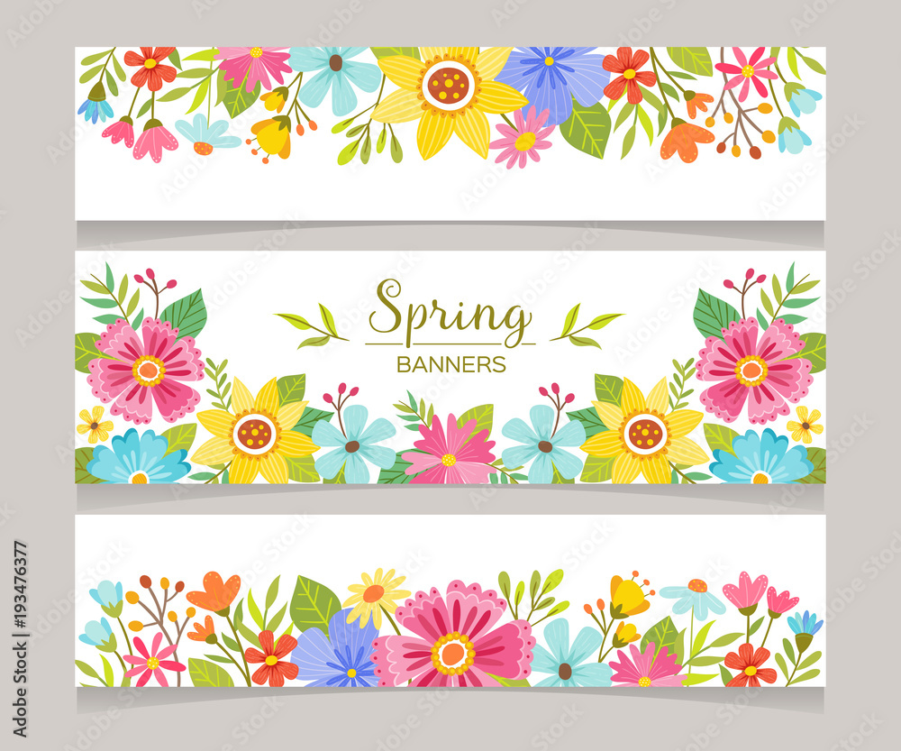 Spring horizontal banner templates with colorful flowers background ...