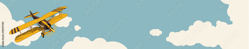 Graphic background. Yellow plane flying over sky with clouds, vintage ...