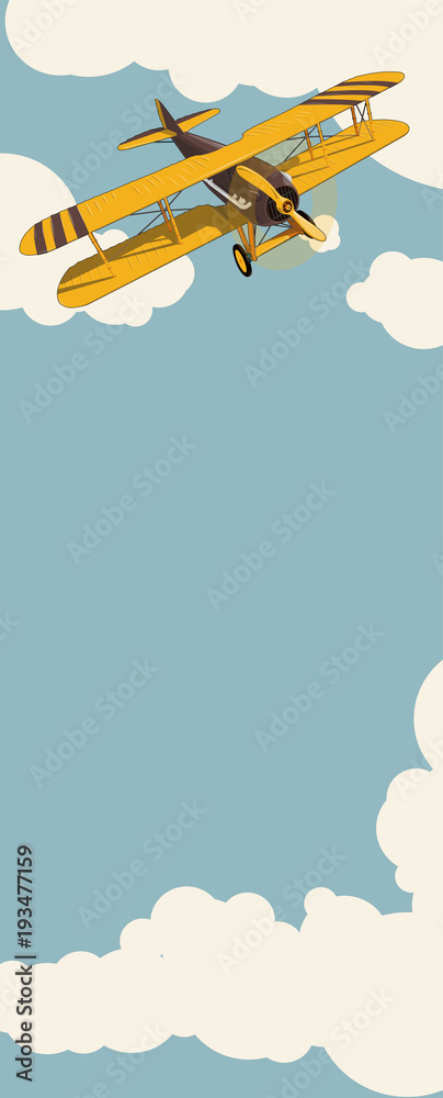 Graphic background. Yellow plane flying over sky with clouds, vintage ...
