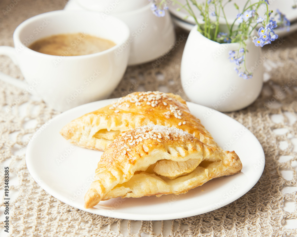 Crispy patties of puff pastry with apples and coffee Stock Photo ...