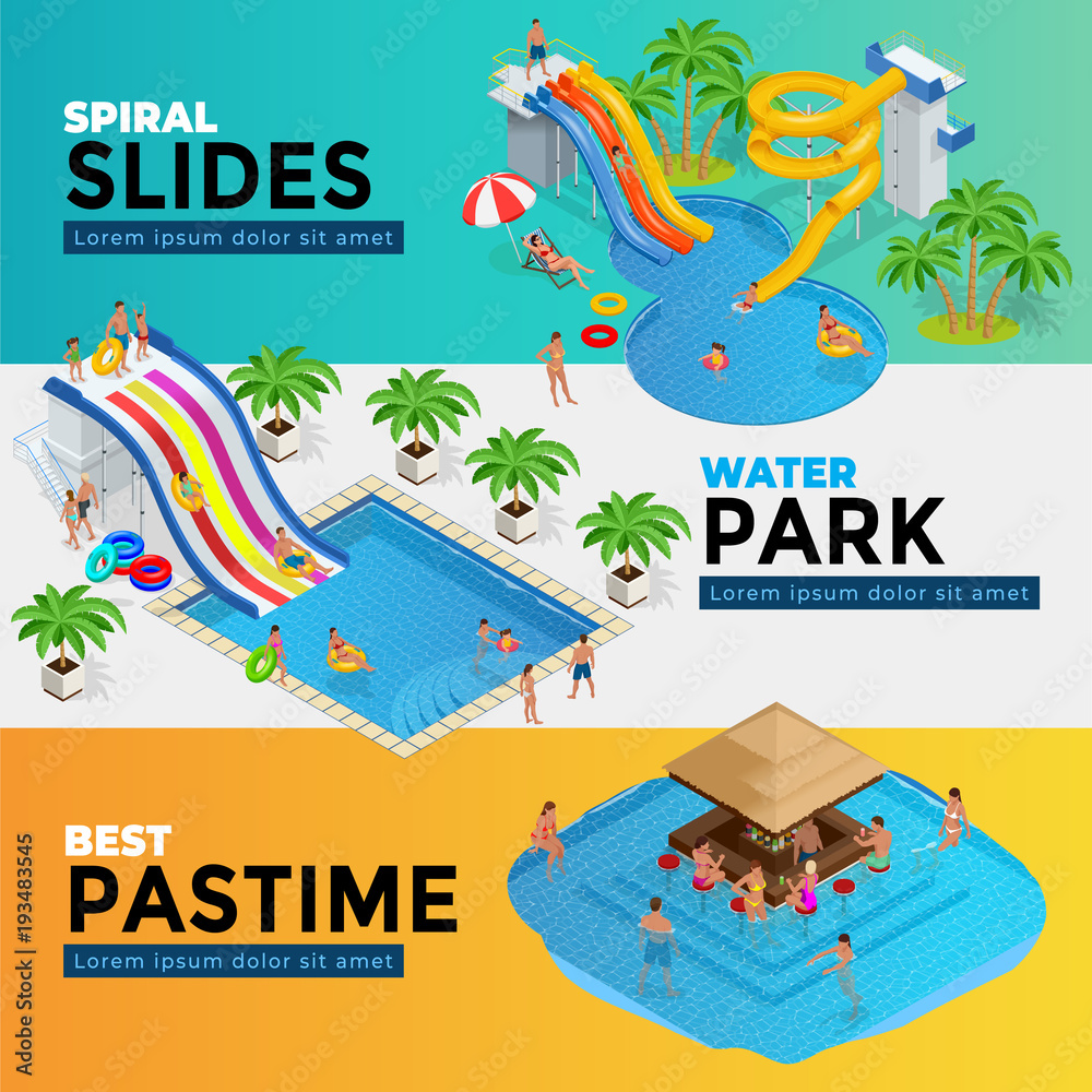 Aquapark horizontal web banners with different water slides, family ...