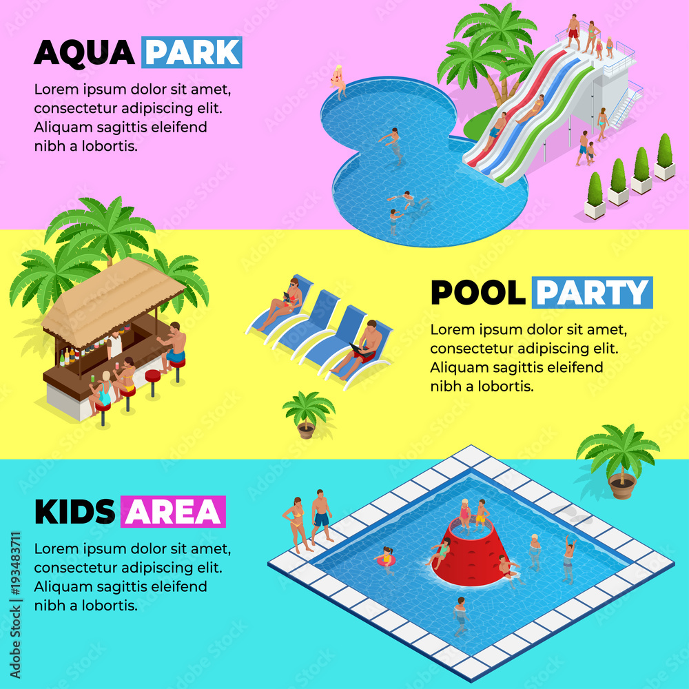 Aquapark horizontal web banners with different water slides, family ...