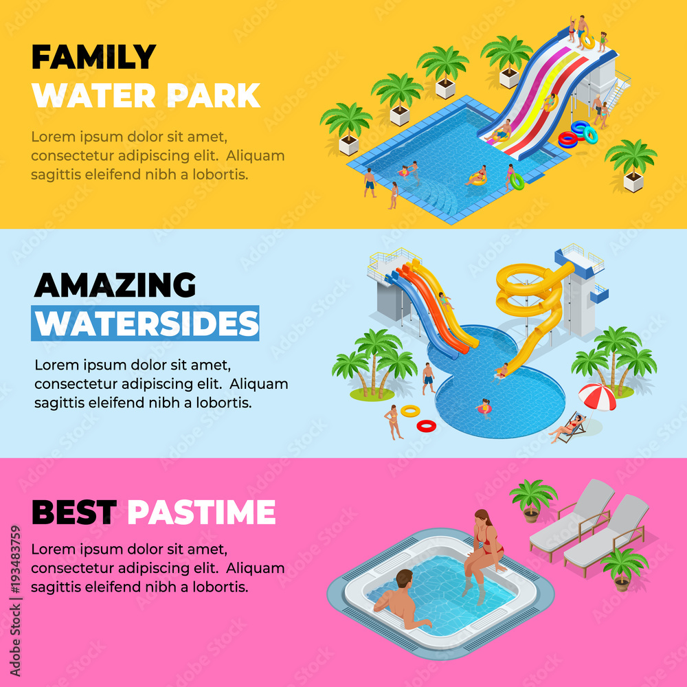 Aquapark horizontal web banners with different water slides, family ...