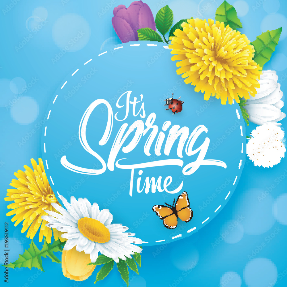 It's spring time banner with round frame, insects and flower on blue ...