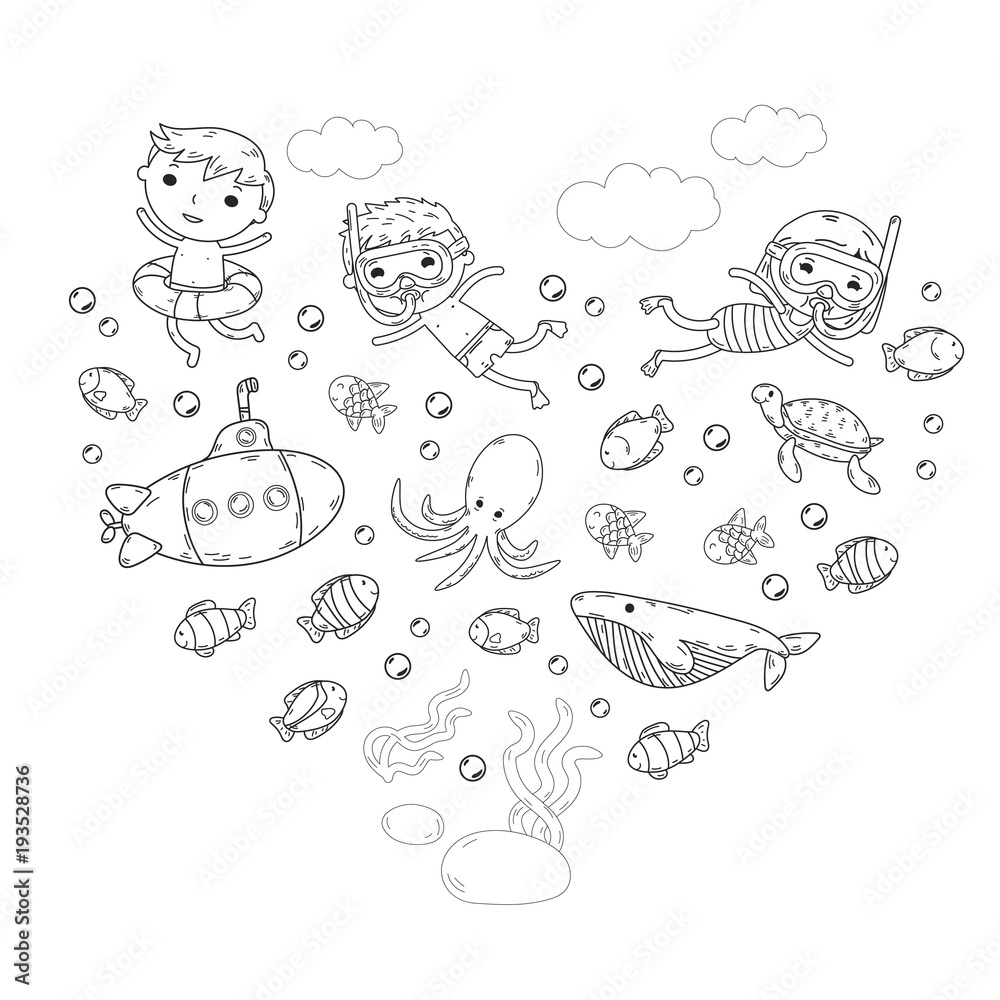 Underwater. Kids waterpark. Sea and ocean adventure. Summertime. Kids ...