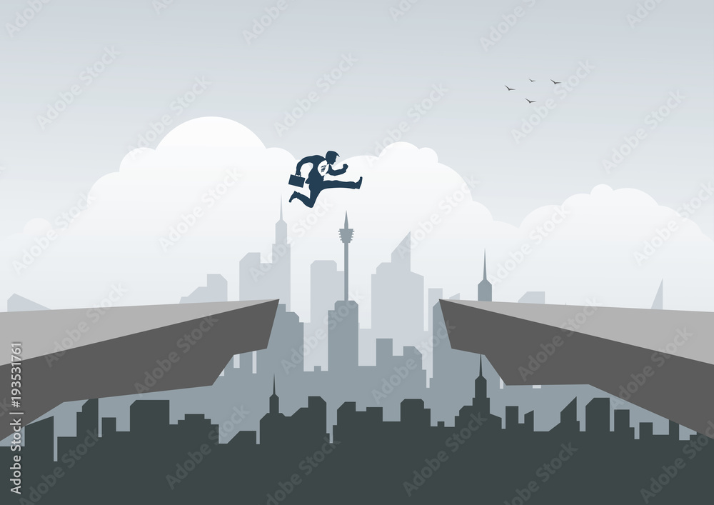 Businessman jumping over chasm vector concept. Symbol of business ...