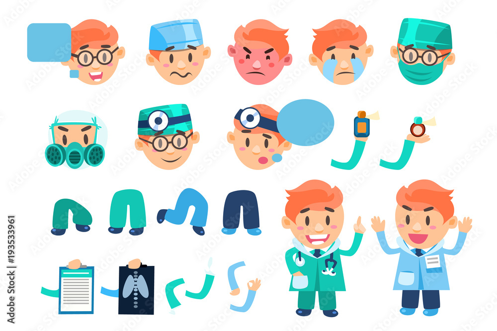 Male doctor animated character set, various face emotions, poses and ...
