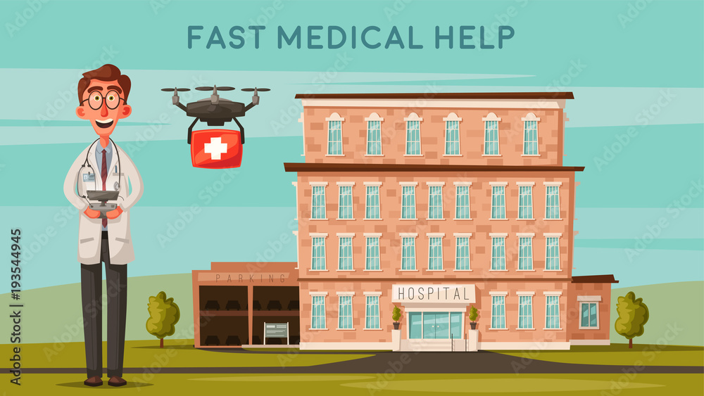 Smart doctor with drone. Modern hospital. Cartoon vector illustration ...