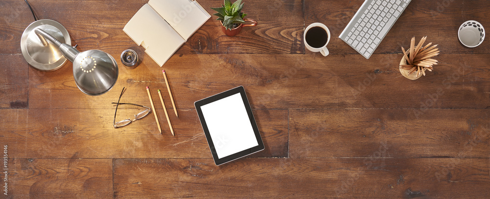 modern office table with objects and banner style. old wood table ...