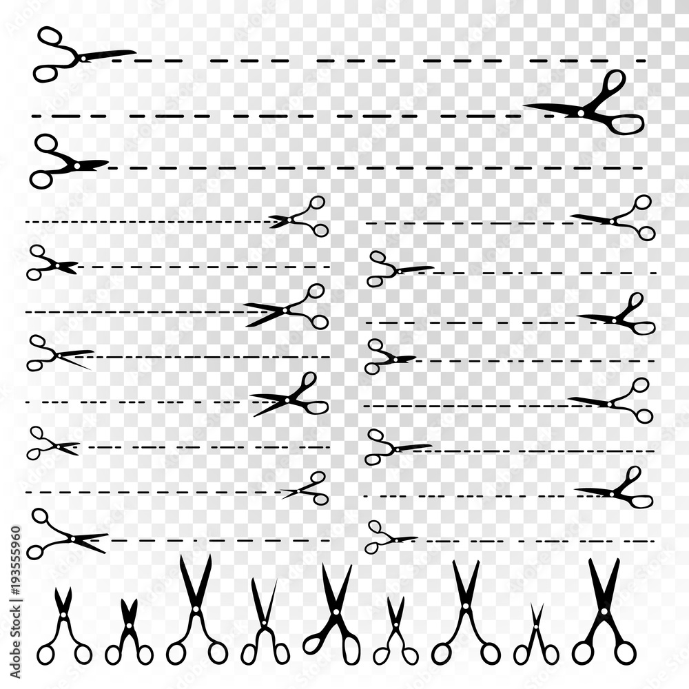 Scissor Line Vector. Set Dotted Cutting Lines. Black Scissor ...