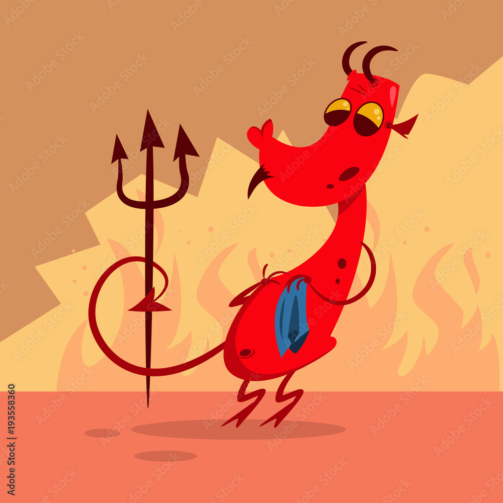 Devil in hell. Sad demon with horns, tail, trident with rag in his hand ...