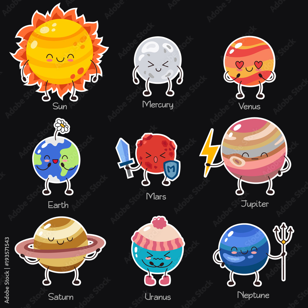 Set of vector doodle cartoon icons planets of solar system. Comic ...
