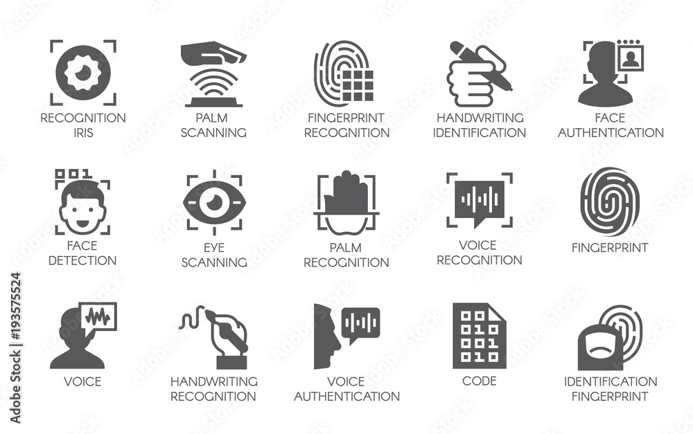 Set of 15 flat icons - biometric authorization, identification and ...
