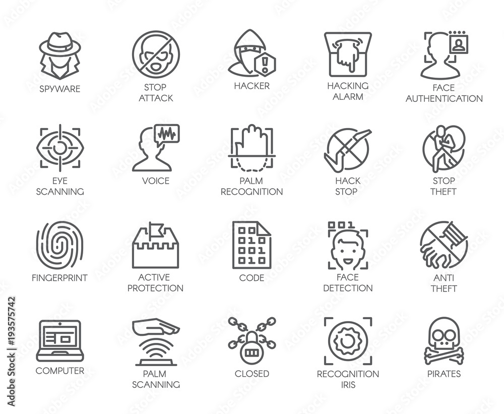 20 icons of virtual protection, cyberattacks, hacking, modern scan ...