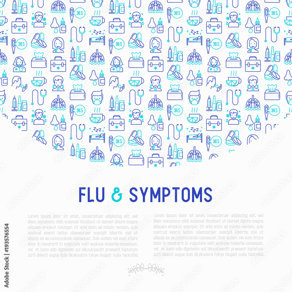 Flu and symptoms concept thin line icons: temperature, chills, heat ...