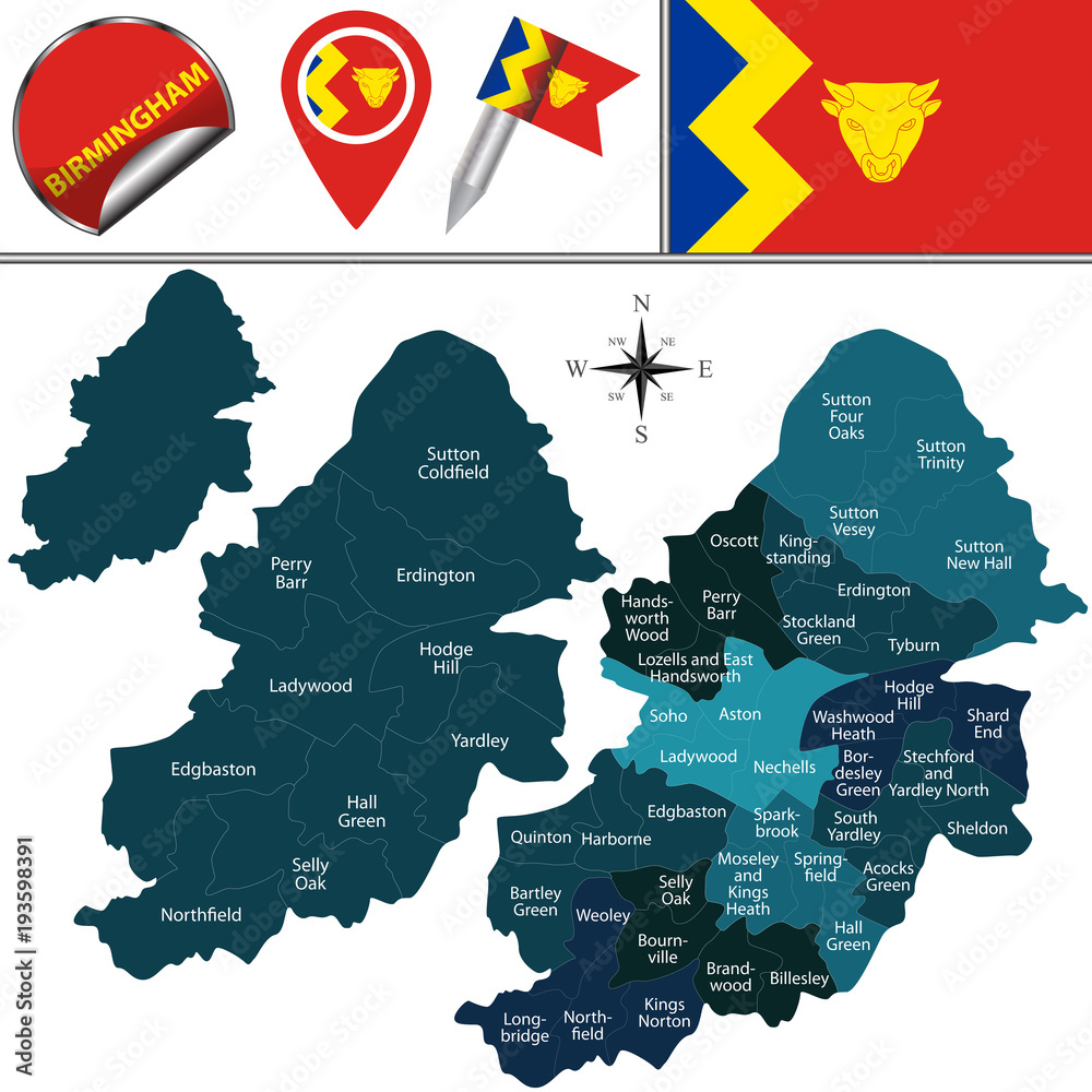 Map of Birmingham with Named Divisions Stock Vector | Adobe Stock