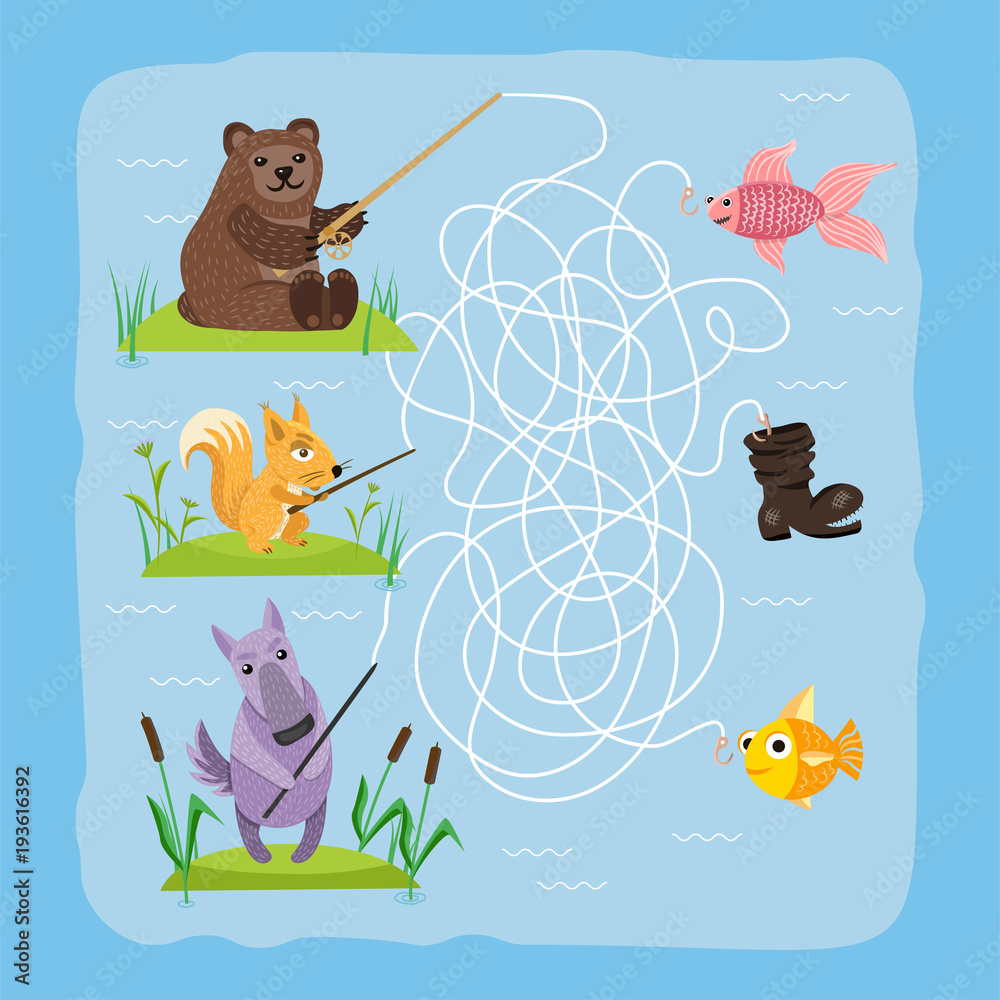 Maze game kids brain training education riddle puzzle with animals way ...