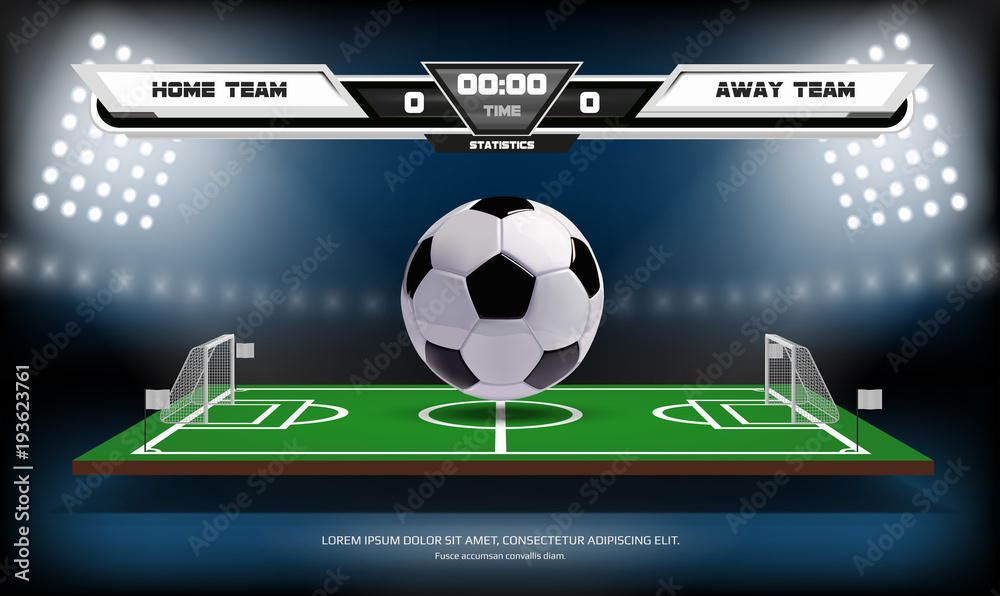 Football or soccer playing field with infographic elements and 3d ball ...