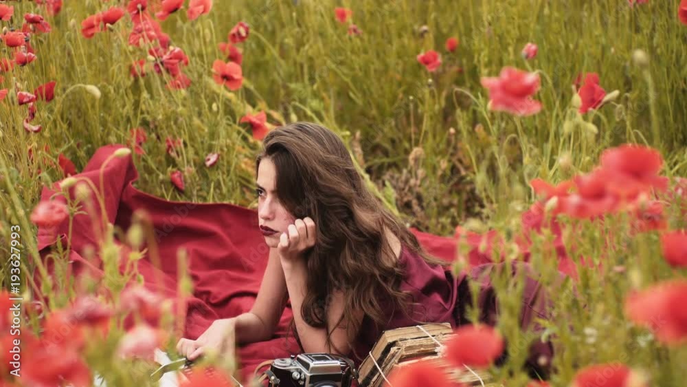 Sensual girl in poppy field. Young girl in the field. Girl laying in ...