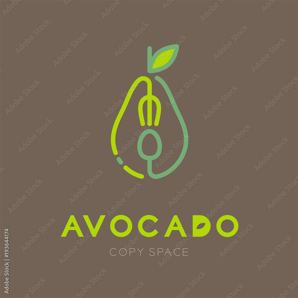 Avocado fruit with spoon and fork logo icon outline stroke set design ...