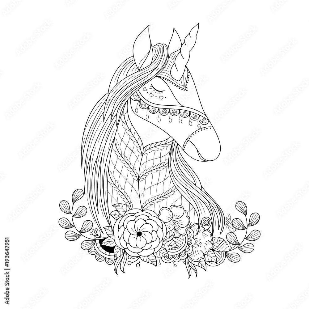 Unicorn in floral zentangle for adult coloring book page.vector ...
