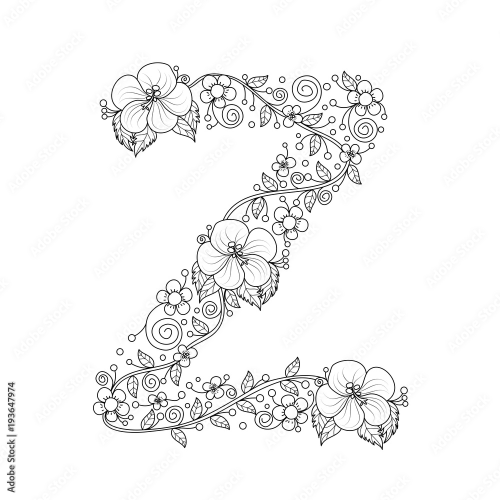 Floral alphabet letter Z coloring book for adults. vector illustration ...
