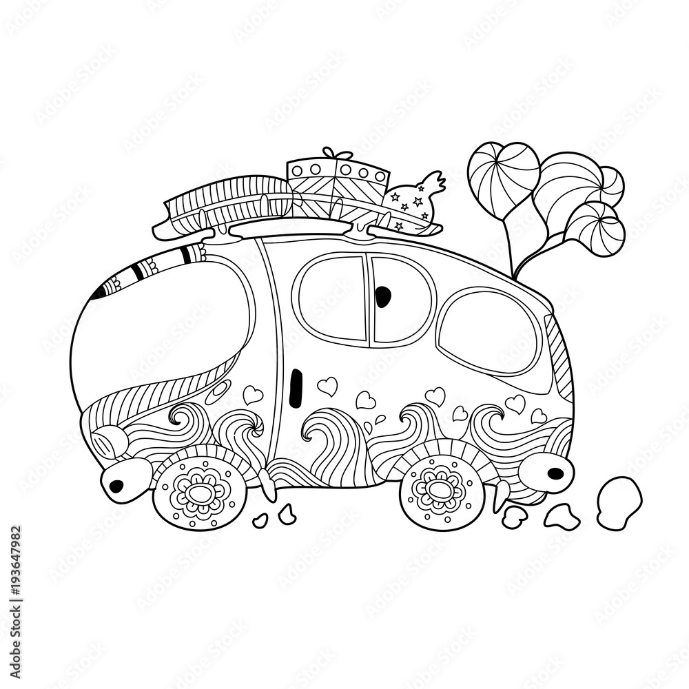 Van coloring book for adult and kid. Hand drawn. Vector illustration ...