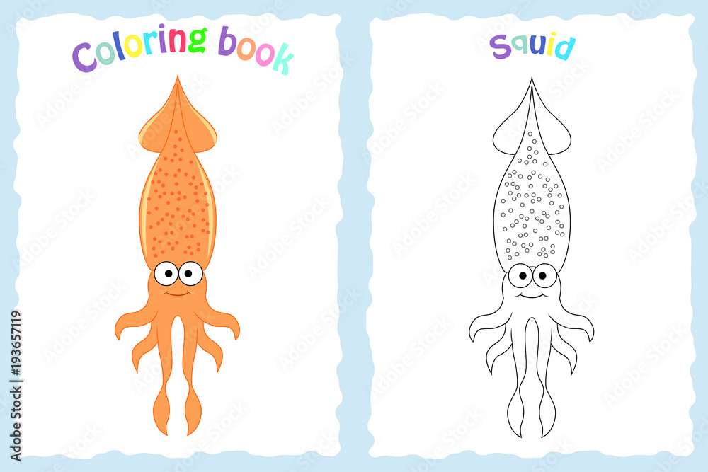 Coloring book page for preschool children with colorful squid and ...