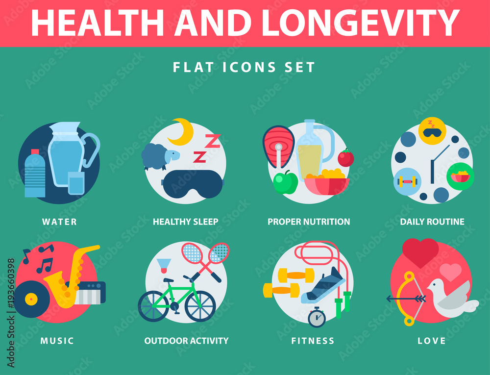 Health and longevity icons modern activity durability vector natural ...