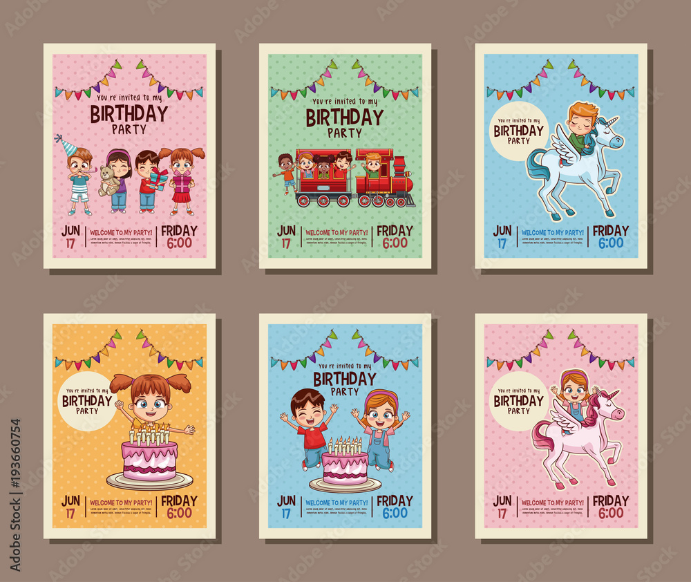 Set on birthday kids party invitation card vector illustration graphic ...