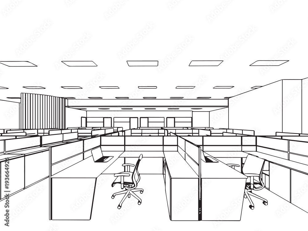interior outline sketch drawing perspective office Stock Vector | Adobe ...