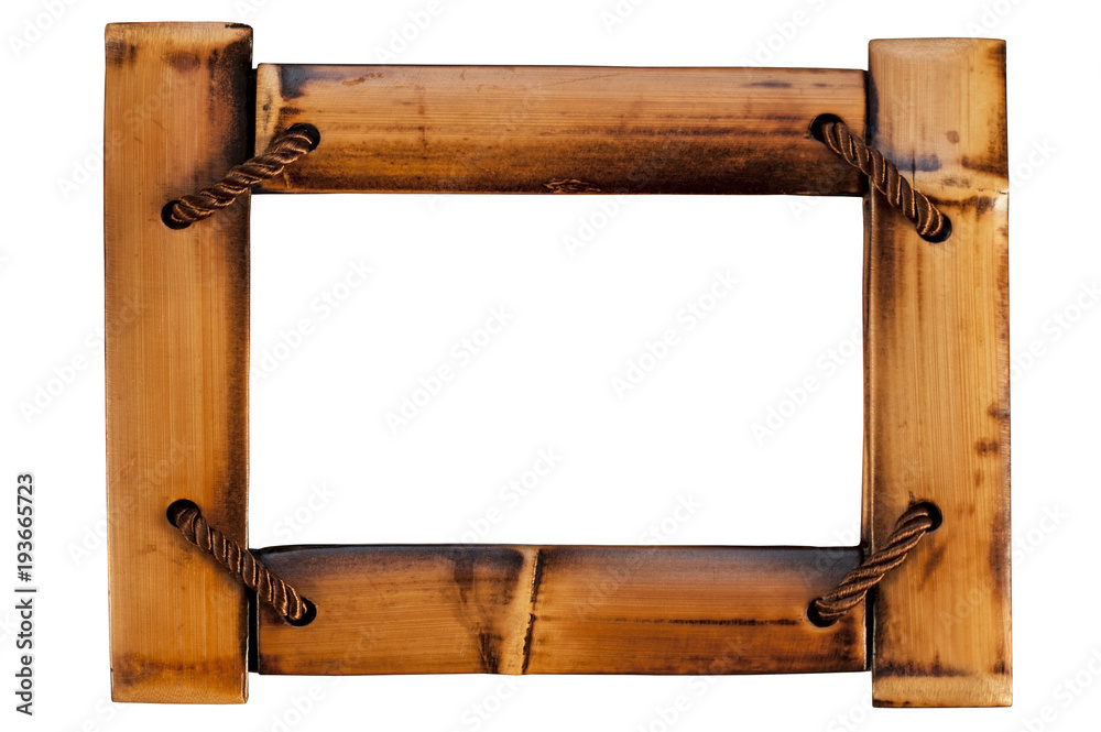 Beautiful wooden frame made of bamboo and threads on a white background ...