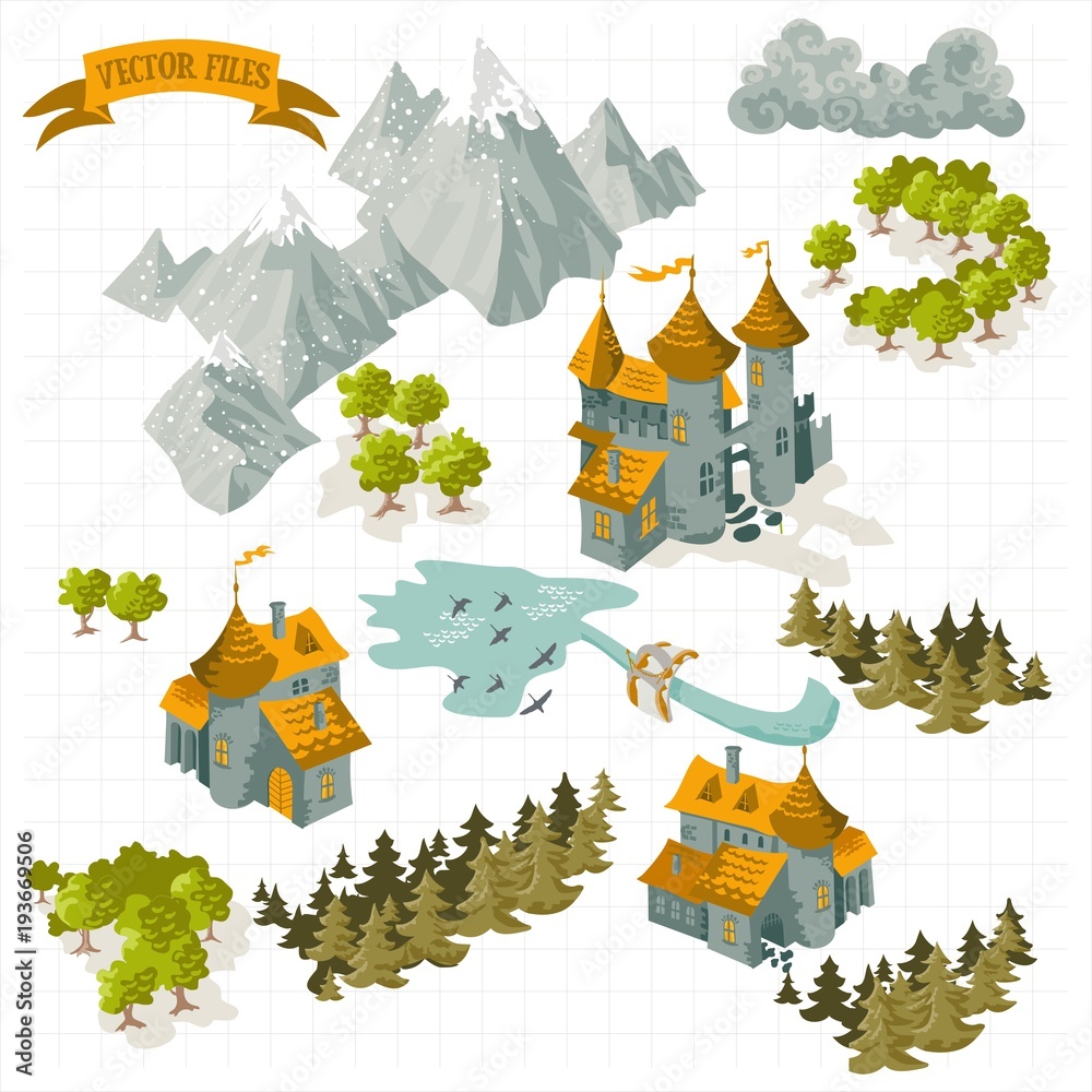 Fantasy Adventure map elements and colorful doodle hand draw in vector ...