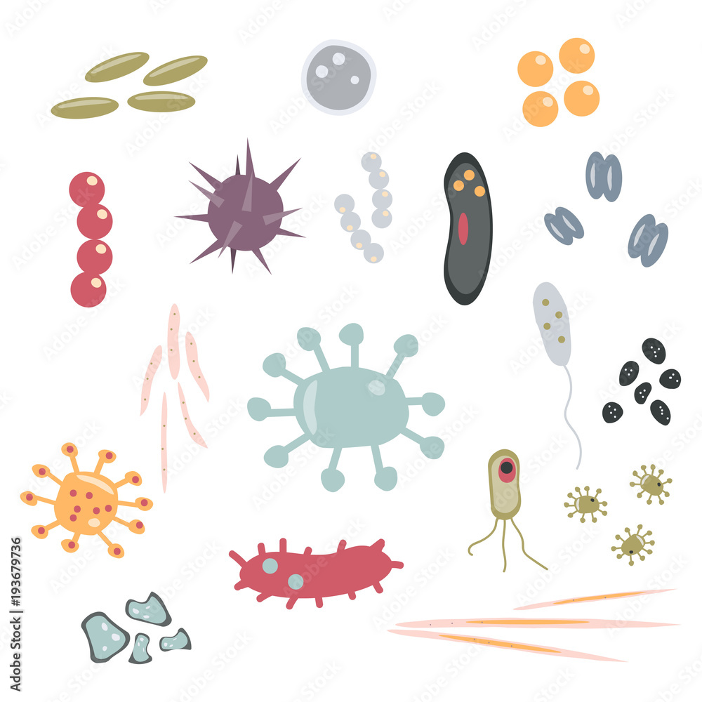 Set of cartoon microorganisms. Vector hand drawn illustration. Stock ...
