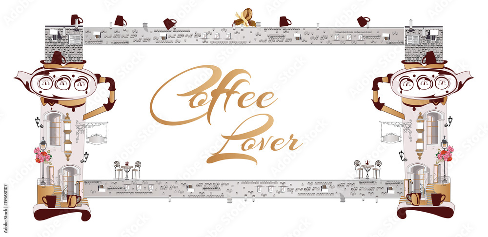 Cafe border with a coffee machine and retro houses, design for a coffee ...