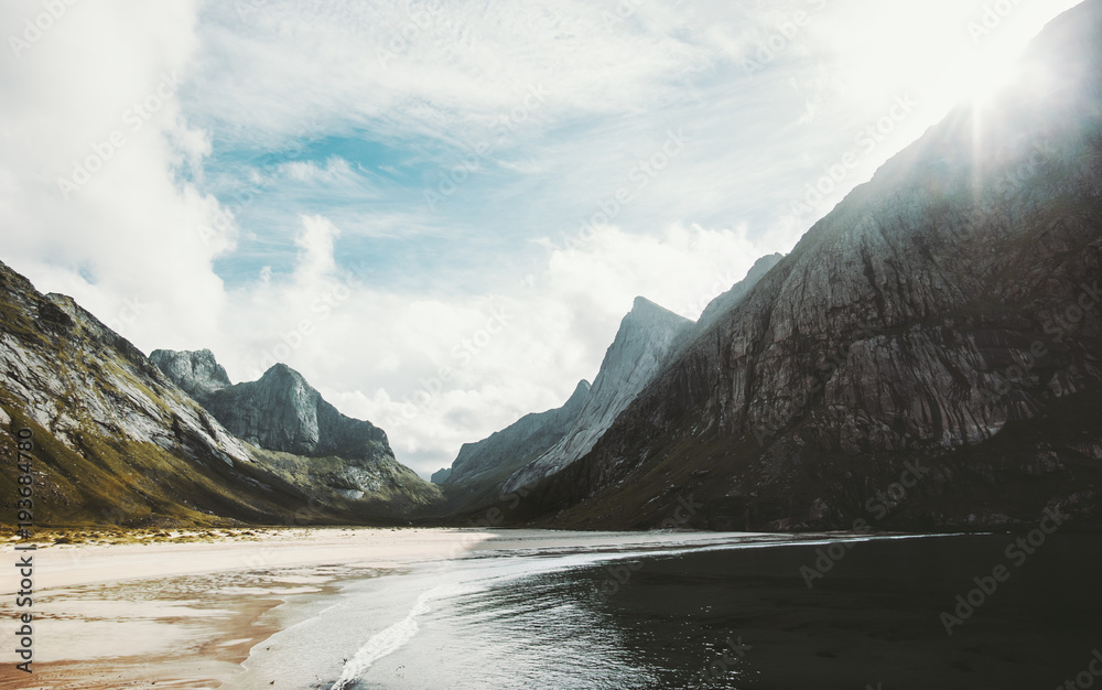 Lofoten islands Horseid beach sea and mountains in Norway Landscape ...
