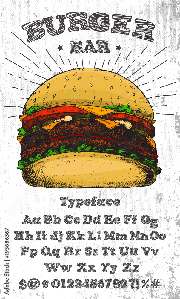 "Burger Bar" typeface. Hand crafted font with burger logotype in retro ...