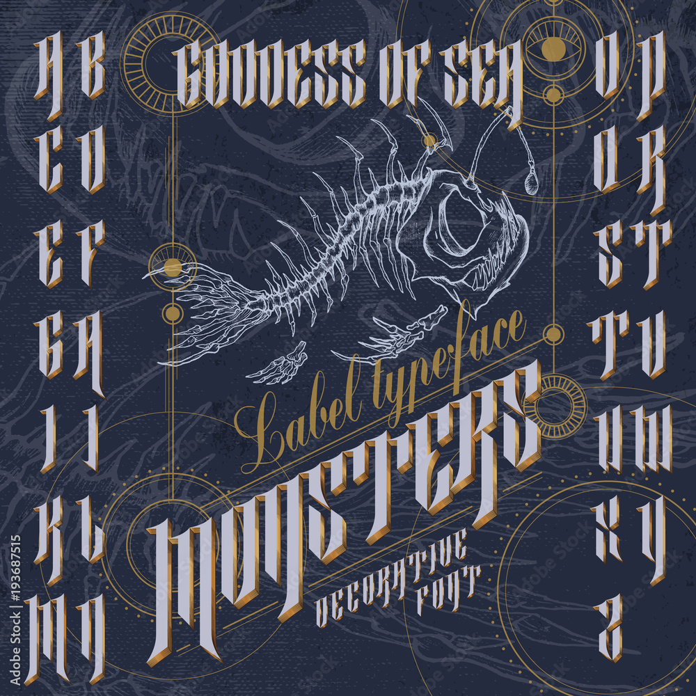 "Goddess of sea monsters" label typeface, decorative font. Vintage font ...
