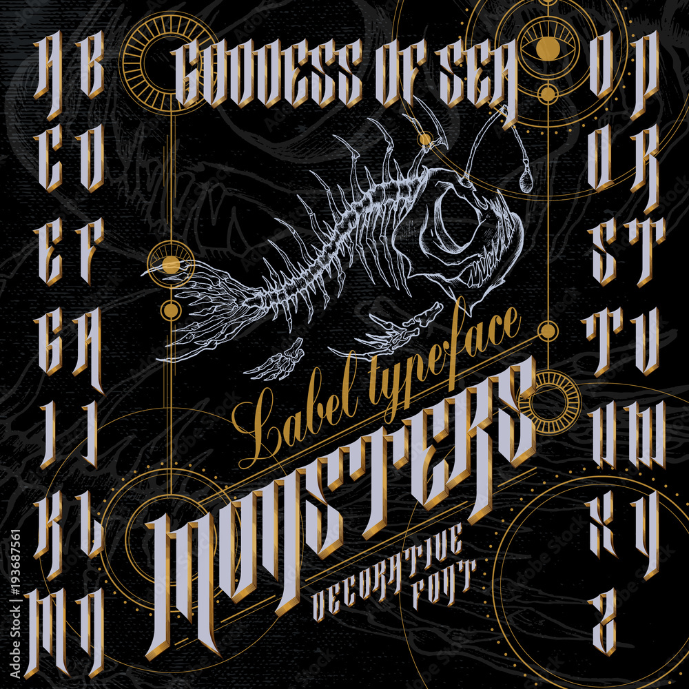 "Goddess of sea monsters" label typeface, decorative font. Vintage font ...