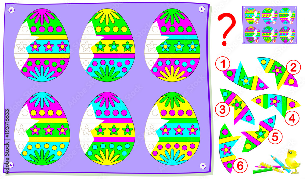 Educational page for young children. Need to find broken pieces of eggs ...