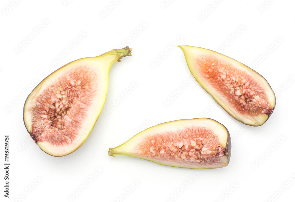 Cut figs top view isolated on white background one half two slices ripe ...