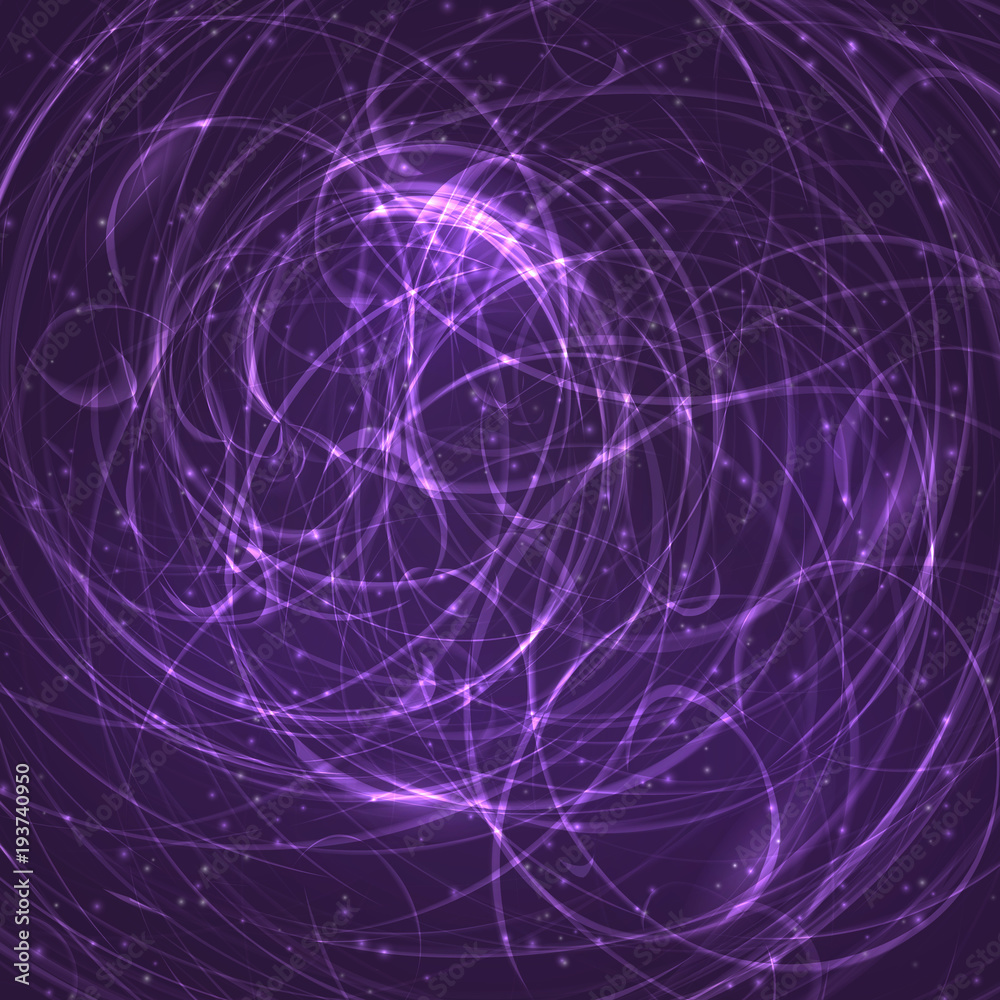 Purple space background. Glowing chaotic curves and sparkling particles ...