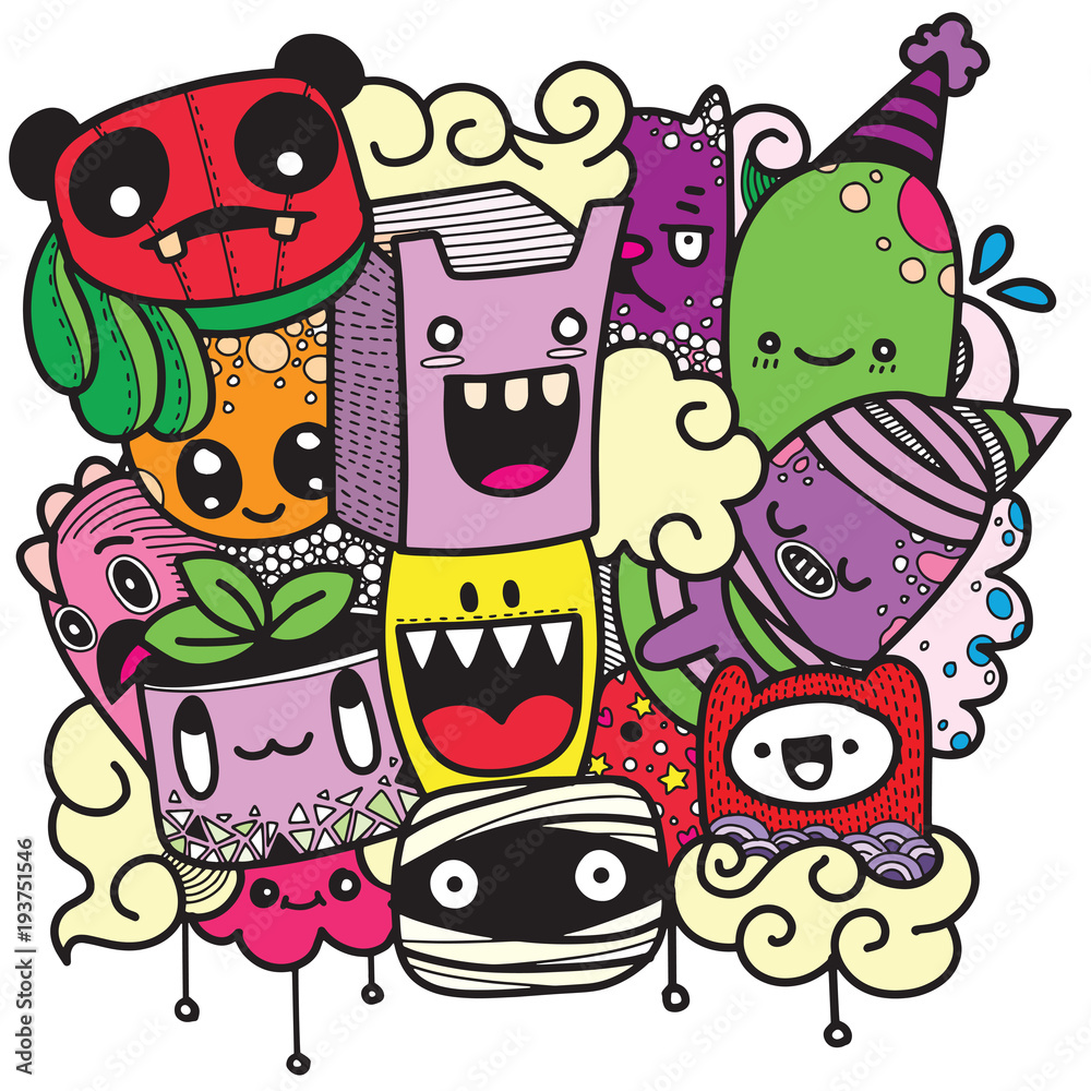 Vector illustration of Doodle cute Monster background ,Hand drawing ...