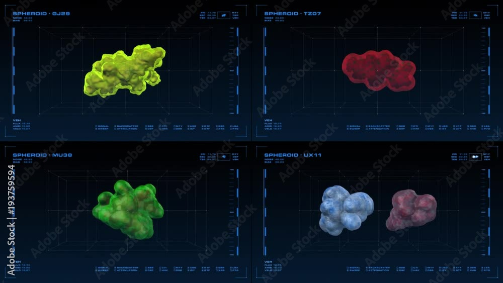 Four-panel display screen of rotating 3D pathogen, microbe or virus ...