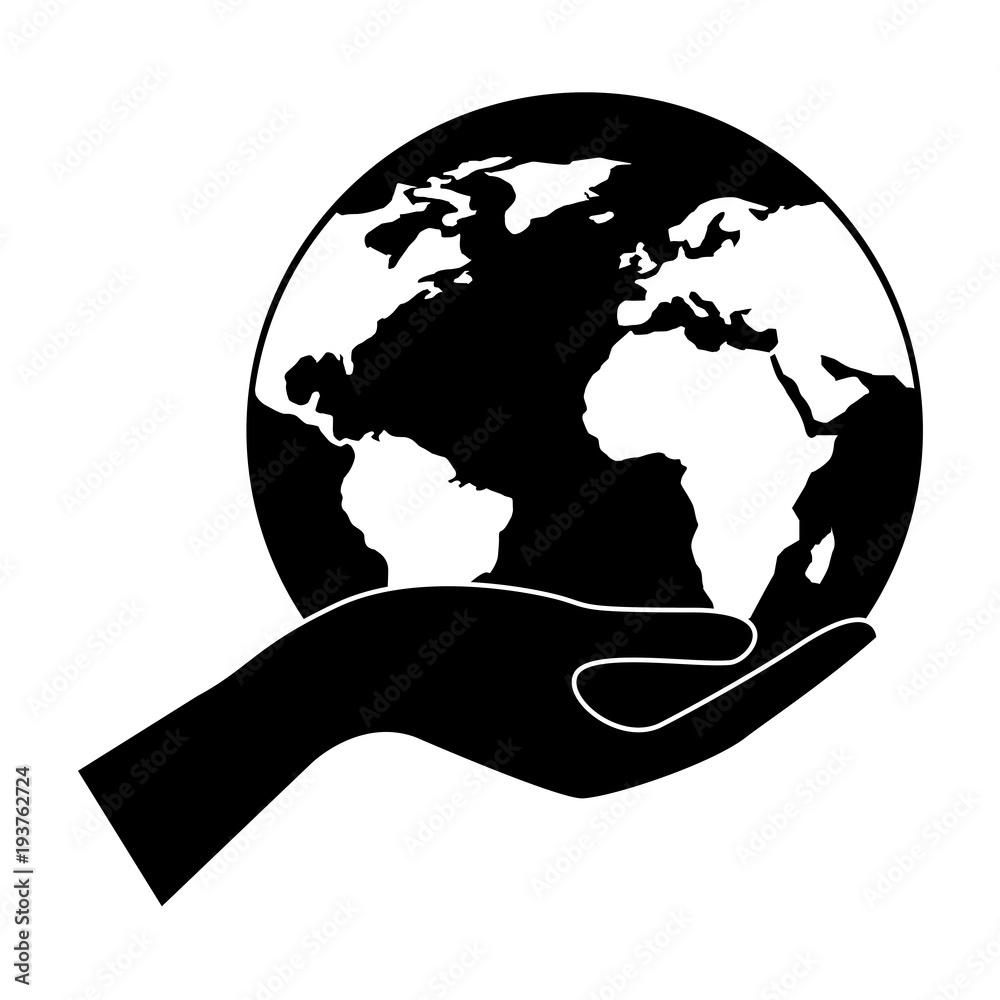 human hand holding earth globe world vector illustration black and ...